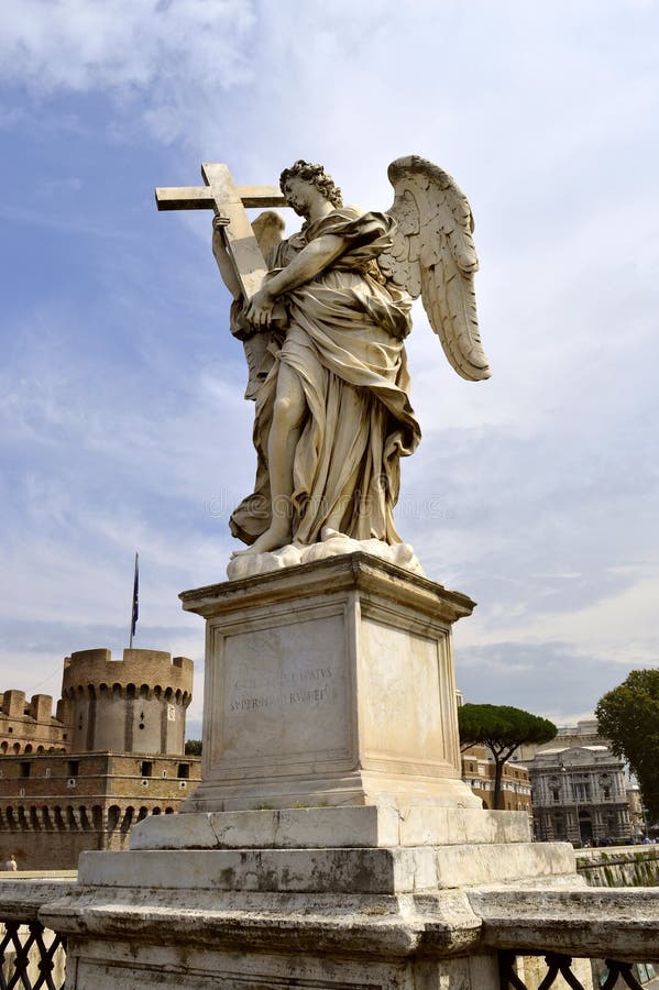 St. Angelo Bridge Angel with the Cross Sculpture Stock Photo - Image of ...