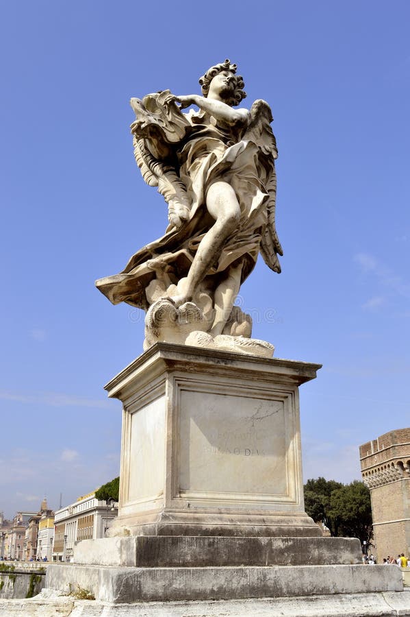 Angel with the Superscription Statue on Ponte Sant Angelo Bridge Stock ...