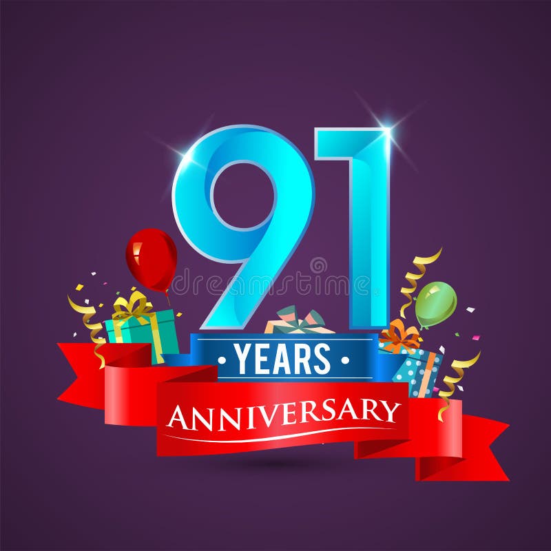91st Anniversary Celebration Logo, with Gift Box and Balloons, Red ...