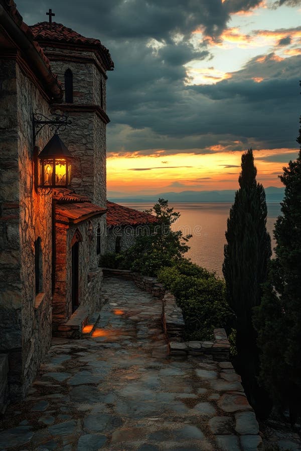 St. Clement of Ohrid Tranquil Sunset at Lakeside Monastery with Stone ...