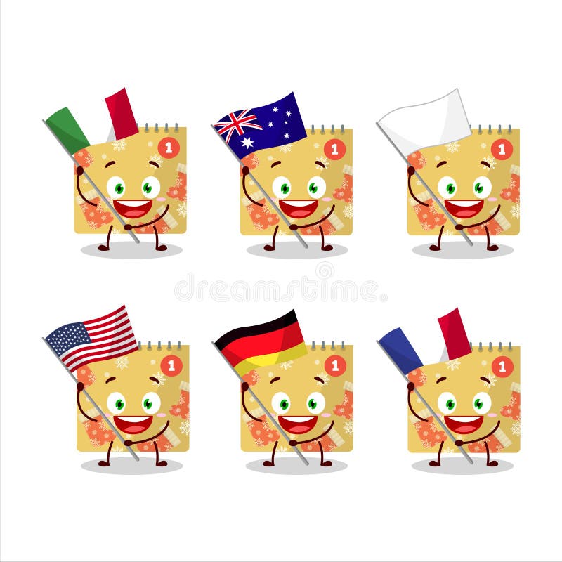 1st December Calendar Cartoon Character Bring the Flags of Various ...