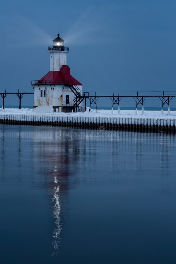 St. Joseph North Pier Lighthouse Stock Photo - Image of snow, water ...