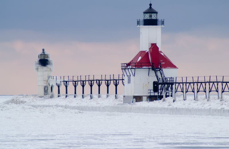St., Joseph North Pier Lighthouse in Winter Stock Image - Image of ...