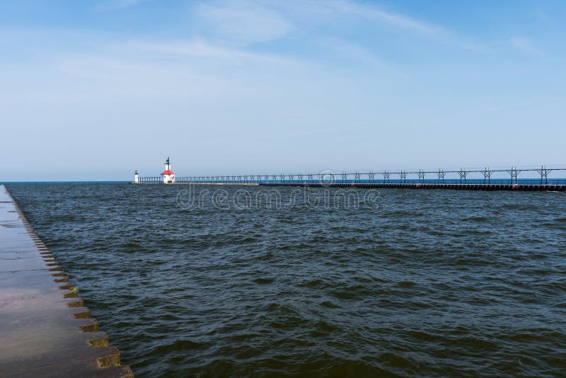 St. Joseph North Pier Lighthouse Stock Photo - Image of frozen, blue ...