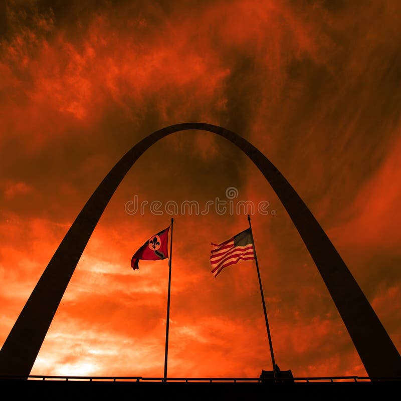 St Louis Arch Metal Gateway Landmark at Sunset with Flags Stock Image ...