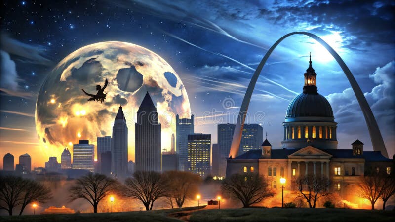 St. Louis Nightscape Fantasy Moon, Silhouette Witch, Gateway Arch Stock ...