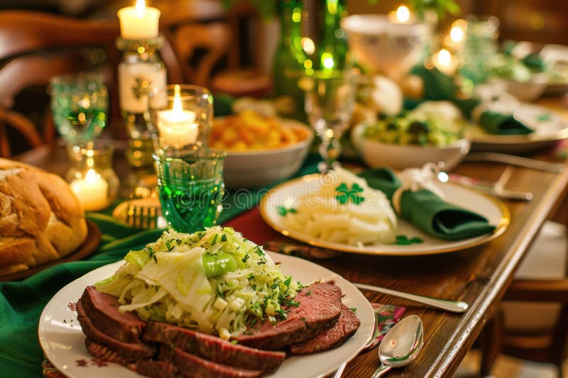 St. Patrick S Day Dinner: Traditional Irish Feast with Corned Beef and Festive Decorations Stock ...