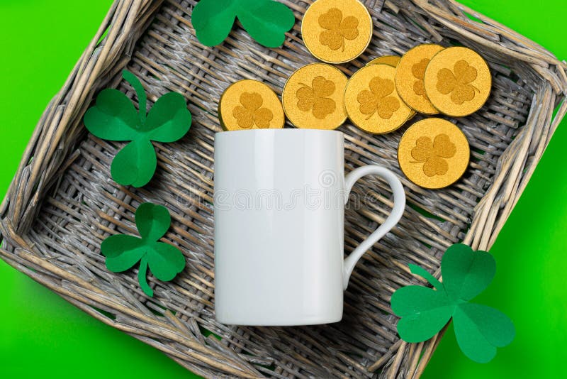 St. Patrick`s Day Empty White Mug Mockup Stock Photo - Image of clover ...