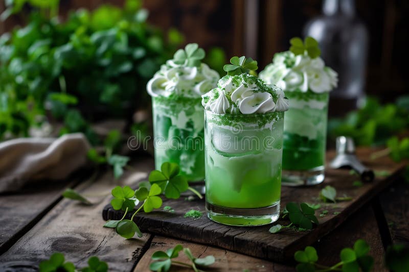 St. Patrick S Day Green Drink with Whipped Cream and Clover Leaves. AI ...