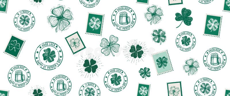 St. Patrick S Day Set, Beer, Clover, Stamps, Mail, Postcard, Hand Drawn ...