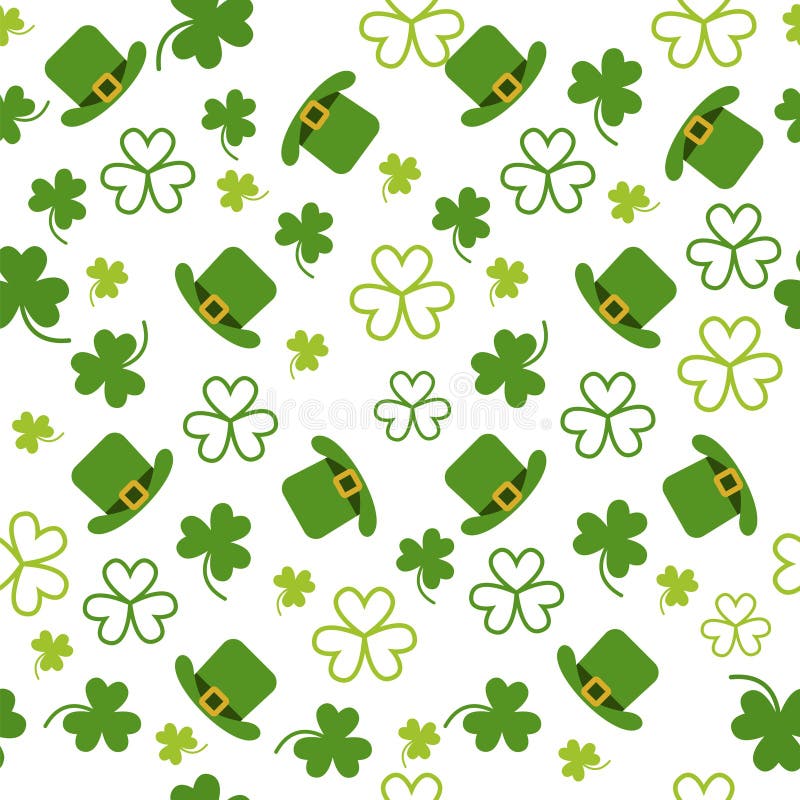 St Patricks Day Seamless Pattern With Green Hats And Leafs Stock