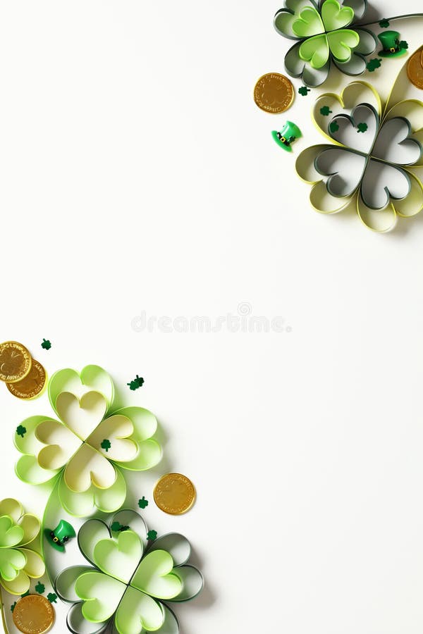 St Patricks Day Vertical Background with Clover Leaves, Gold Coins ...
