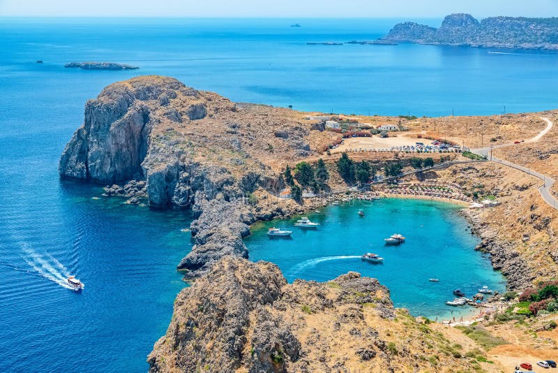 St Paul Bay Lindos, Rodi, Grecia Fotografia Stock - Immagine di aereo ...