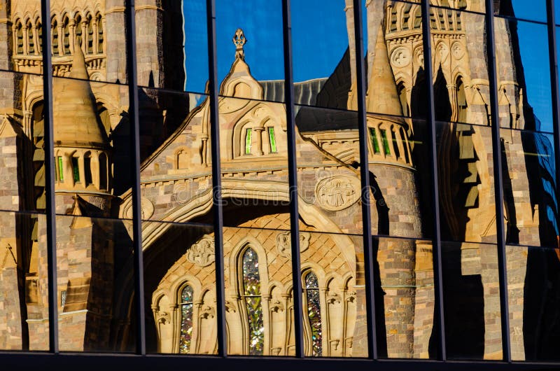 St Stepehens Cathedral Reflected in a Brisbane CDB Building Stock Image ...