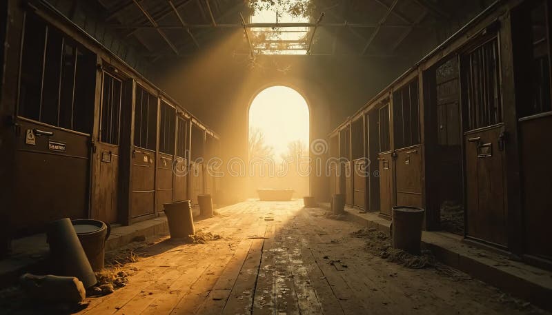 Stable Interior with Stalls and Lighted Archway Stock Illustration ...