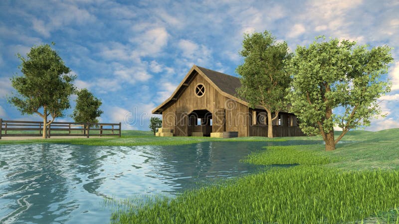 Stable Next To a Pond on a Countryside Farm or Ranch. 3D Render Stock ...
