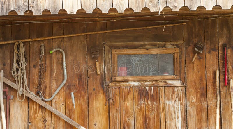 Stable Wall and Tools at the Countryside Stock Image - Image of straw ...