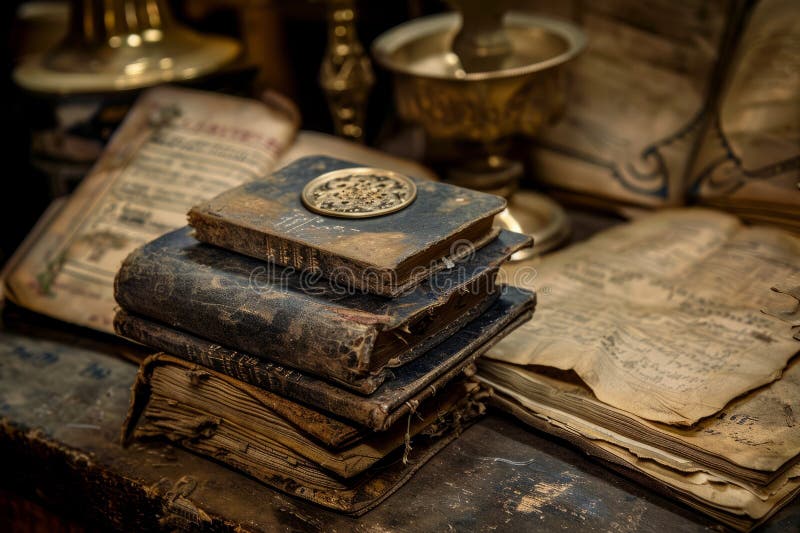 A Stack of Aged Books Arranged Neatly on a Wooden Table Stock Image ...