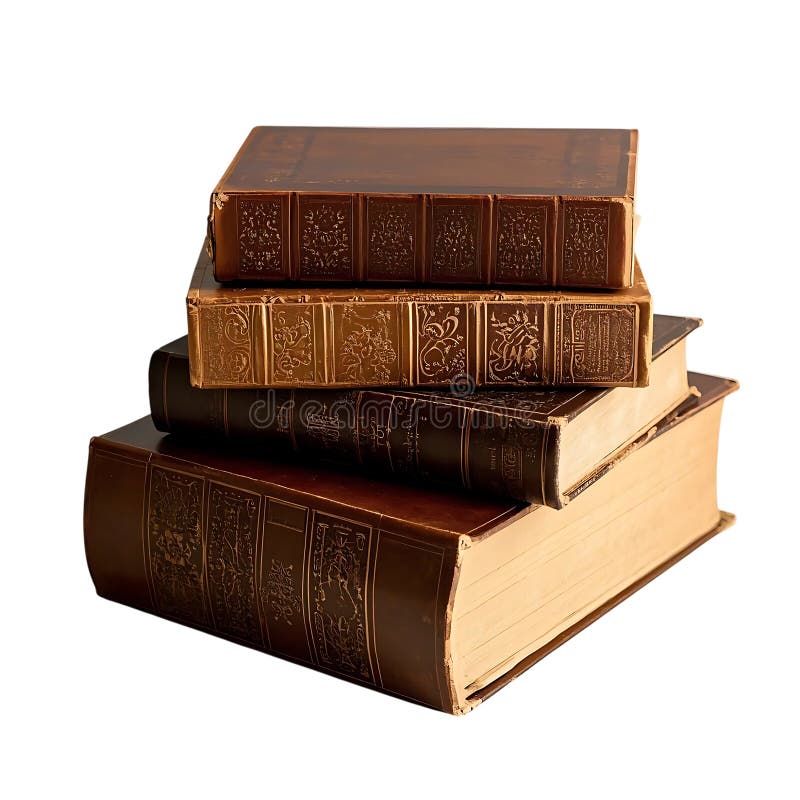 A Stack of Four Antique Books with Brown Leather Covers and Gold ...