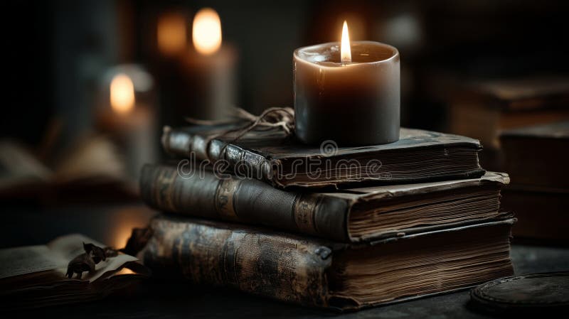 Stack of Aged Books with Candle Flame Stock Photo - Image of cover ...