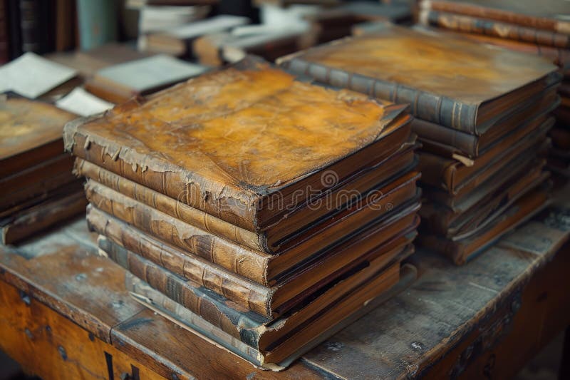 A Stack of Aged Books is Placed on a Sturdy Wooden Table Stock Image ...