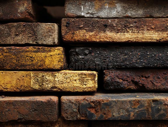 Stack of Aged Bricks with Rust, Arranged in Straight Lines, Textured ...