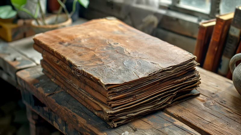 A Stack of Aged Leather-bound Books Rests on a Rustic Wooden Table ...