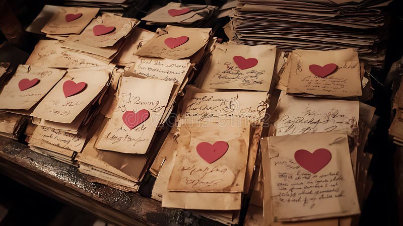 Stack of Aged Letters with Red Heart Decorations Stock Image - Image of ...