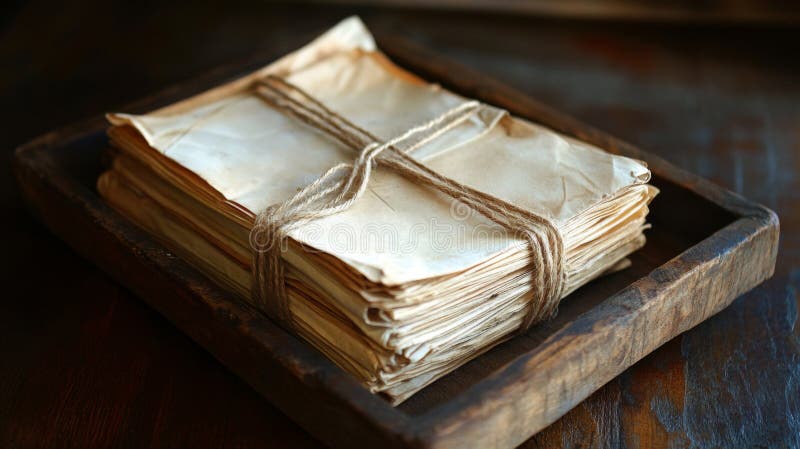 Stack of Aged Letters Tied with Twine in Rustic Wooden Box Stock ...