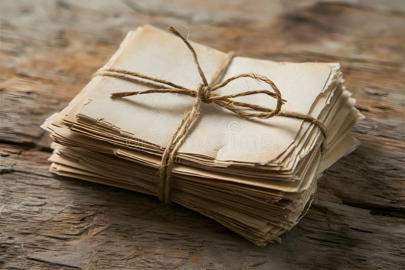 A Stack of Aged Papers Tied with Rustic String on Wooden Surface Stock ...