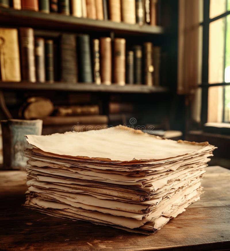 Stack of Aged Parchment Papers on Wooden Table in Vintage Library ...