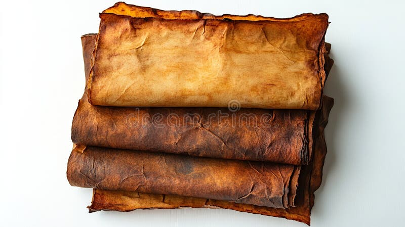 Stack of Aged, Textured, Brown Parchment Paper Scrolls on White ...