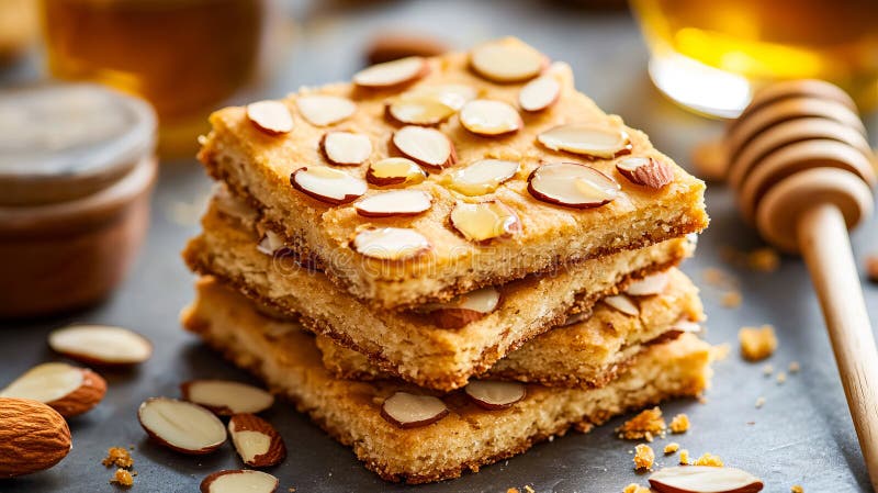 A Stack of Almond Bars with Honey and Almonds on Top Stock Image ...