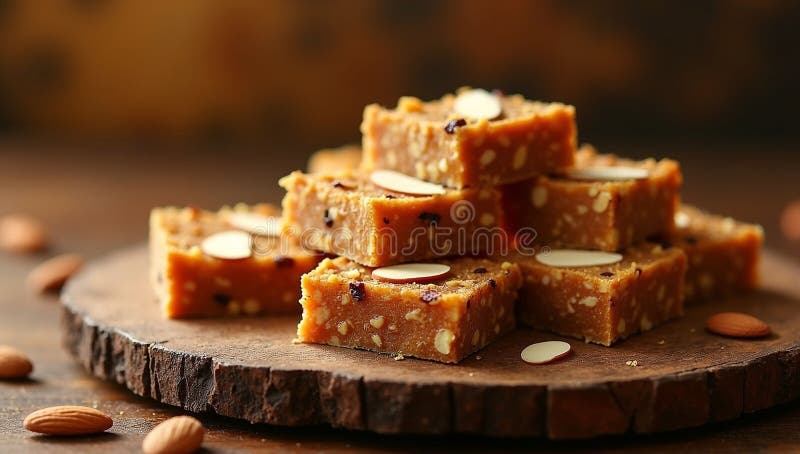 A Stack of Almond Fudge Squares Topped with Sliced Almonds on a Rustic ...