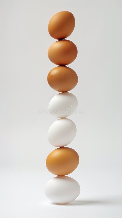 Stack of Alternating Brown and White Eggs on White Background. Balanced ...