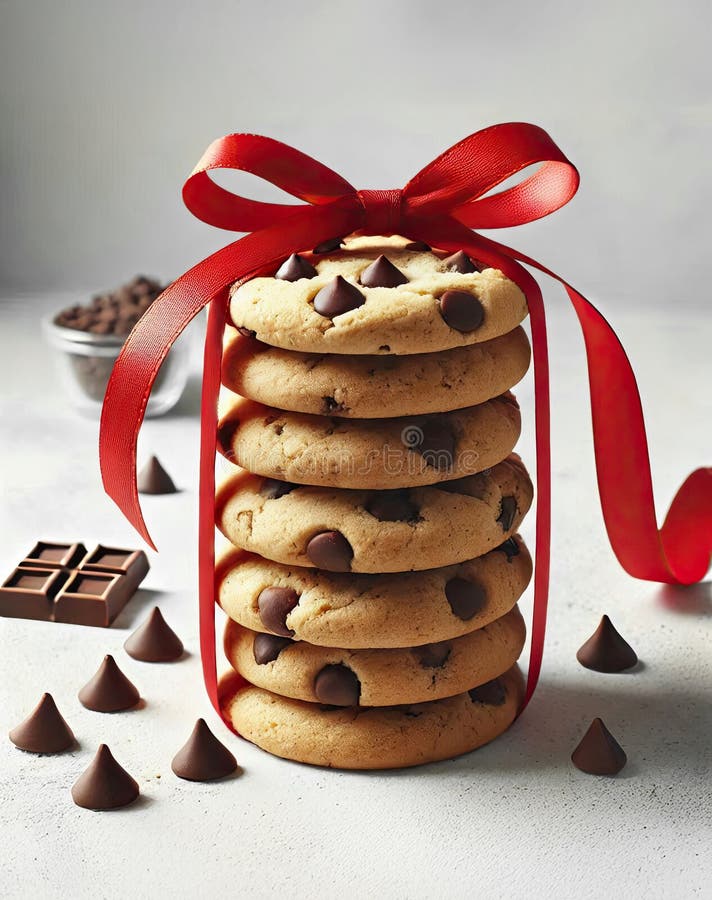 A Stack of American Chocolate Chip Cookies Tied with a Red Ribbon on a ...