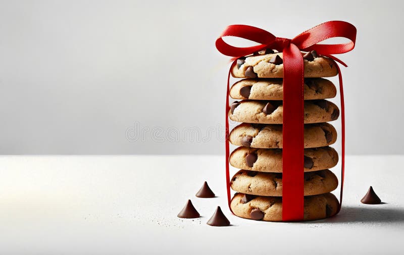 A Stack of American Chocolate Chip Cookies Tied with a Red Ribbon on a ...