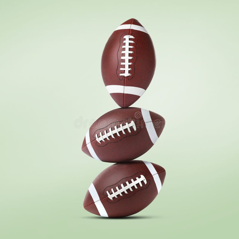 Stack of American Football Balls on Pale Light Green Background Stock ...