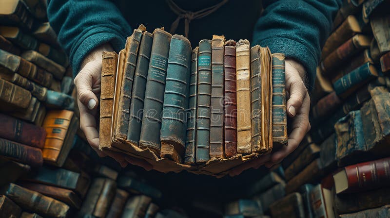 Stack of Ancient Books in Hands of Man in Library Stock Image - Image ...