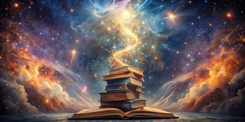 A Stack of Ancient Books Opens To Reveal a Cosmic Nebula, Embracing the ...