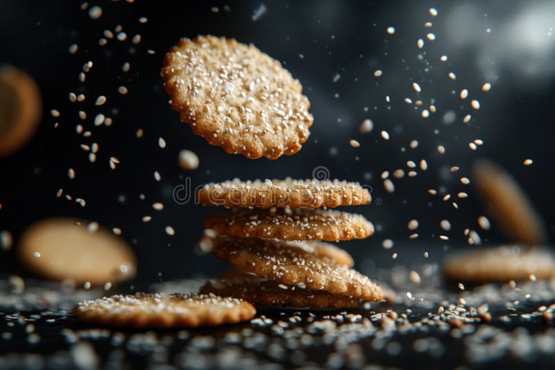 Stack of Ancient Grain Cookies with Sesame Falling Stock Image - Image ...