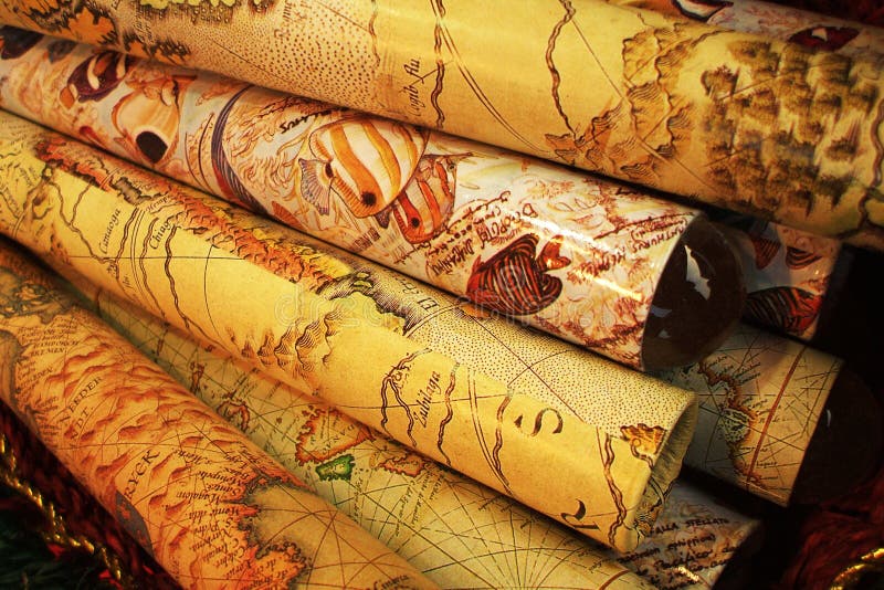 Stack of Ancient Map Gift Wrapping Stock Image - Image of drawing, gift ...