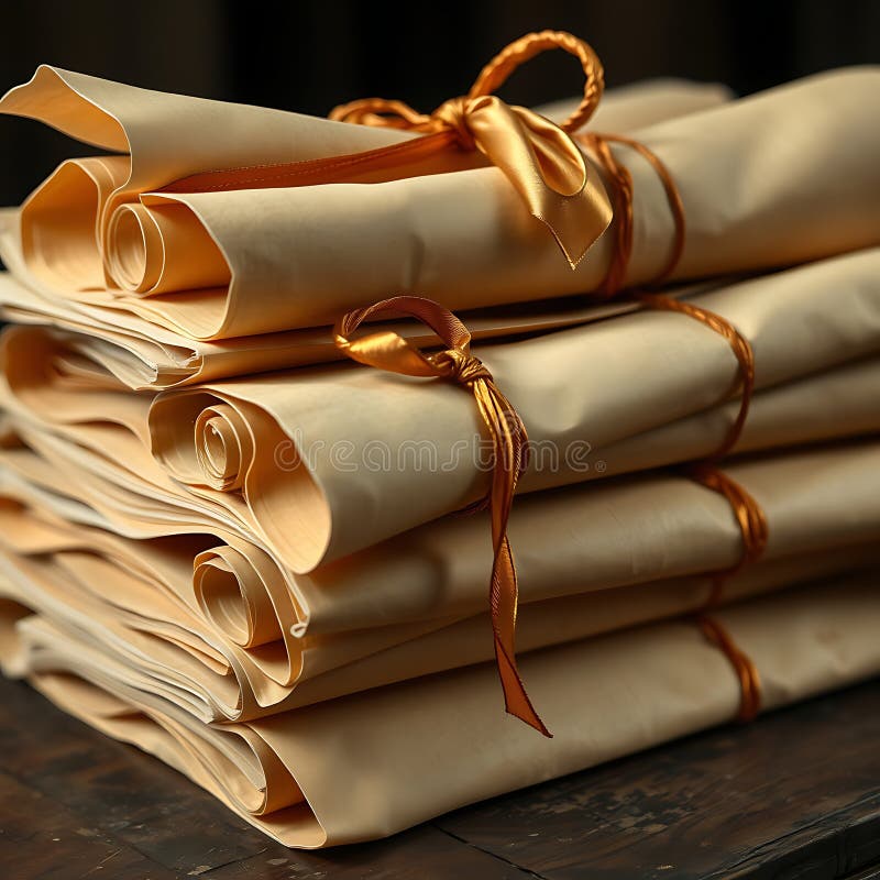 A Stack of Ancient Parchment Scrolls Tied with Glowing Silk Ribbons ...