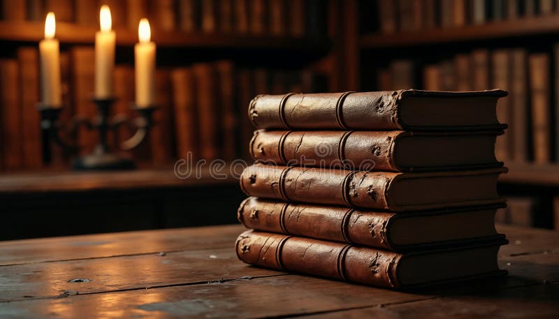 Stack of Antique Books with Candles in a Library Setting Stock ...