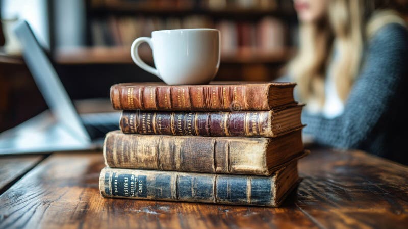 Stack of Antique Books with a Coffee Cup on Top in a Cozy Reading Nook ...