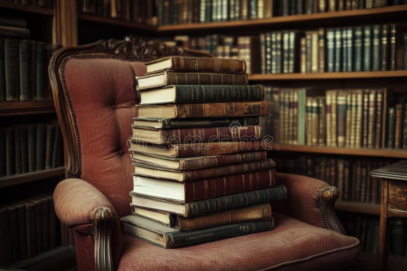Stack of Antique Books on Elegant Armchair in a Library Stock ...