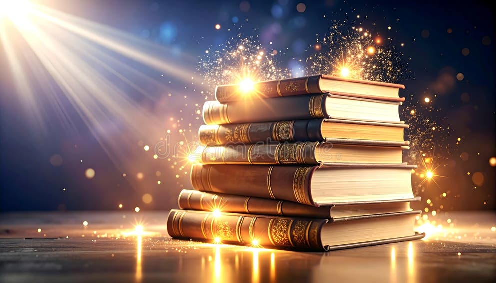 A Stack of Antique Books Glows with Magical Light and Sparkles ...