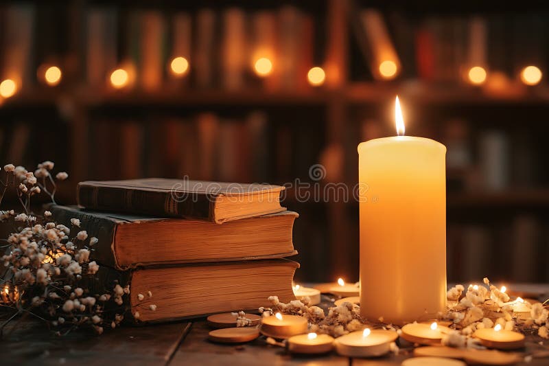 A Stack of Antique Books Illuminated by Candlelight in a Cozy Library ...