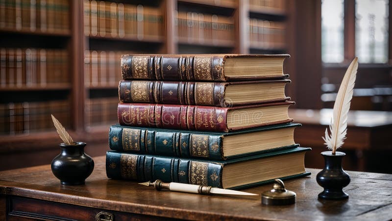 Stack of Antique Books with Ink Pots and Quills in a Historic Library ...