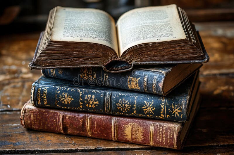 Antique Stack of Four Books with One Open on Top Resting on a Floral ...